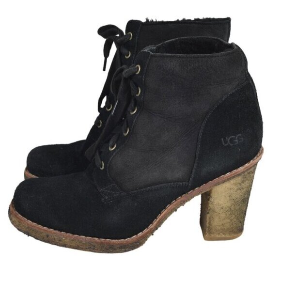UGG | Shoes | Ugg Sofia Boot Suede Leather Black Lace Up Shearling Heel ...